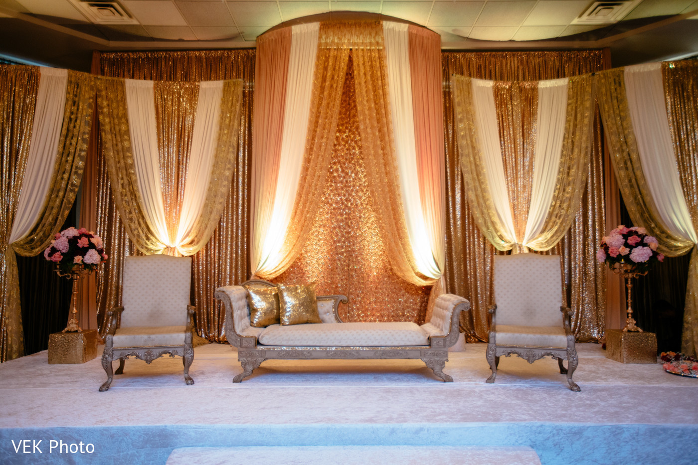 Indian wedding reception stage seats decor. | Photo 195157