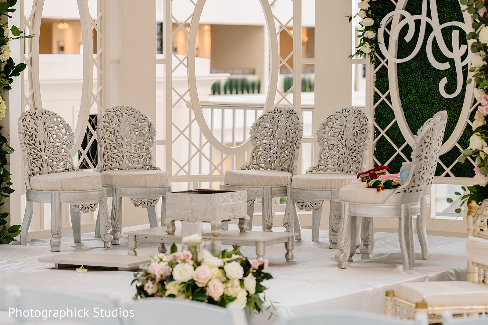 Elegant Indian wedding ceremony mandap seats. | Photo 219412