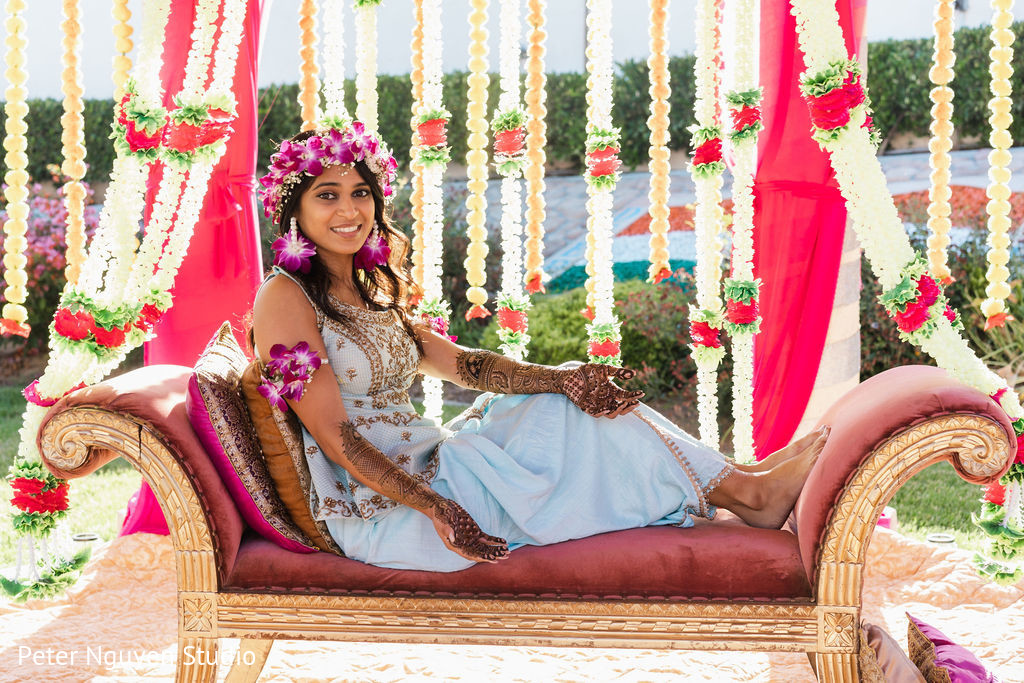 Indian bride sitting on her mehndi U-Shaped Upholstered Bench. | Photo ...