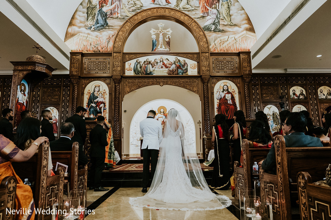 Indian bride and groom inside the Christian Indian wedding church ...